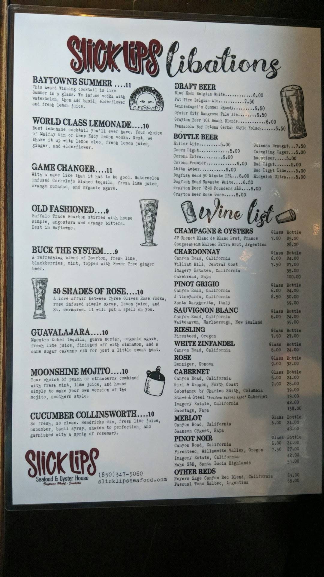Menu at Slick Lips Seafood & Oyster House restaurant, Miramar Beach