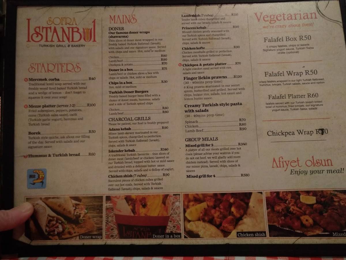 Menu at Sofra Istanbul Florida restaurant, Durban, 245 Florida Rd