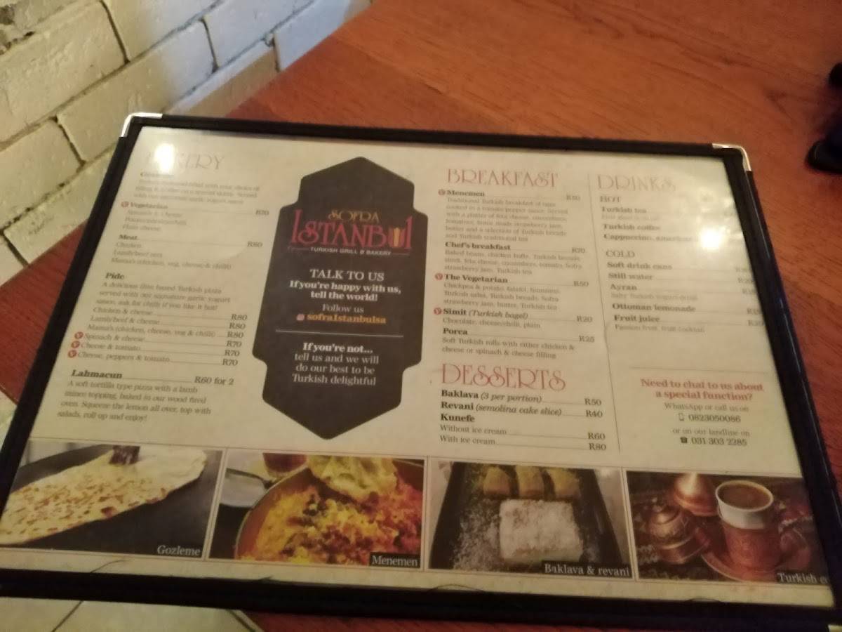 Menu at Sofra Istanbul Florida restaurant, Durban, 245 Florida Rd