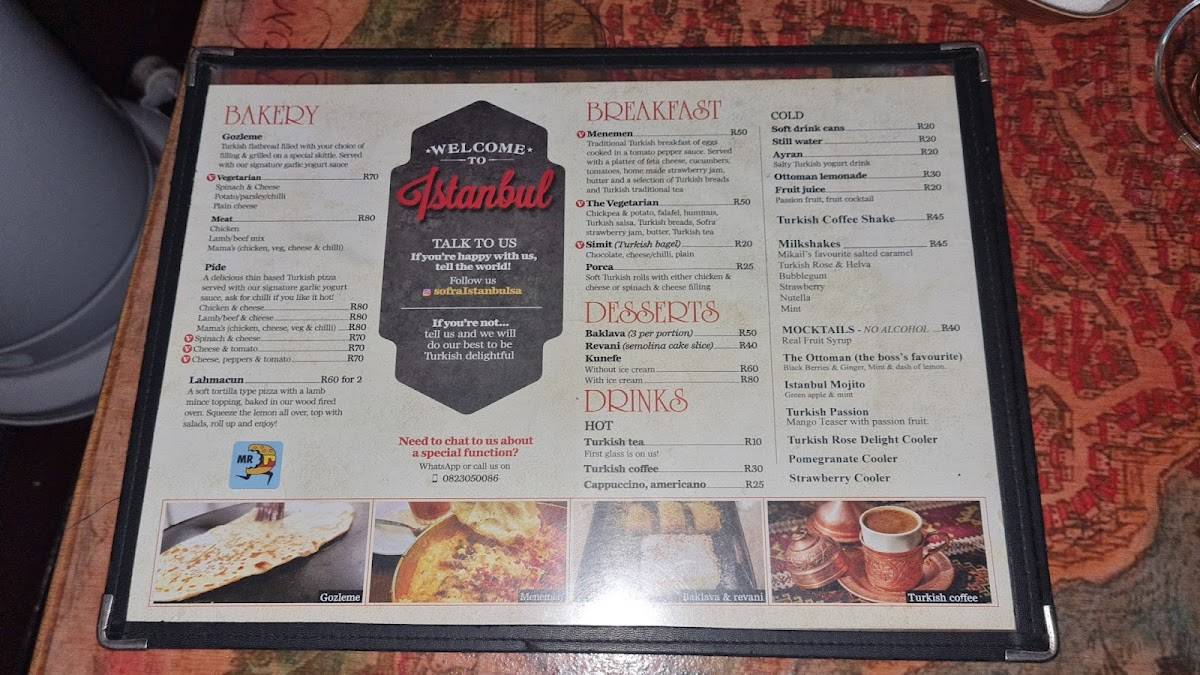 Menu at Sofra Istanbul Florida restaurant, Durban, 245 Florida Rd