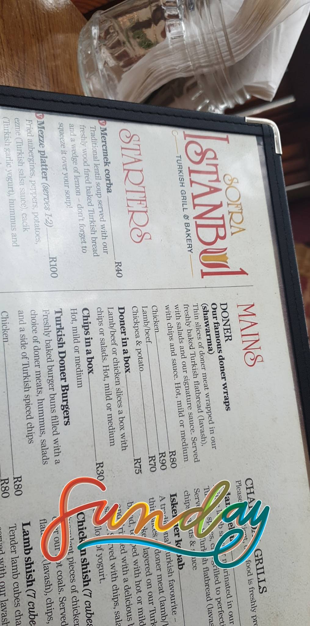 Menu at Sofra Istanbul Florida restaurant, Durban, 245 Florida Rd
