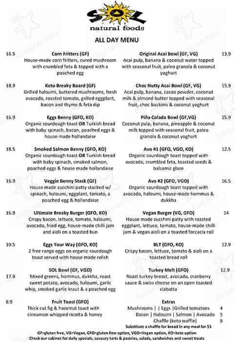 Menu at Sol Natural Foods - Darra cafe, Darra