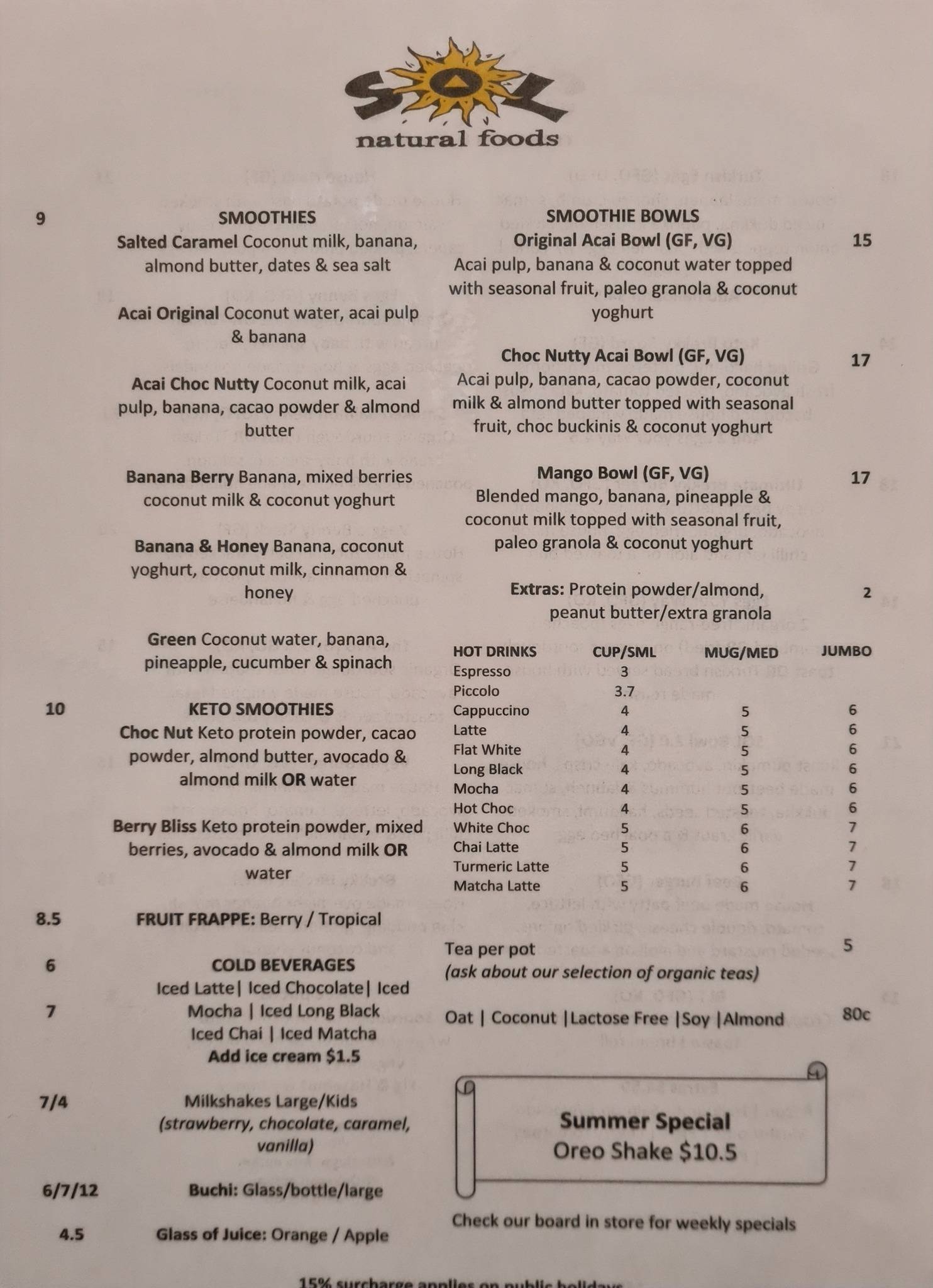 Menu at Sol Natural Foods - Darra cafe, Darra