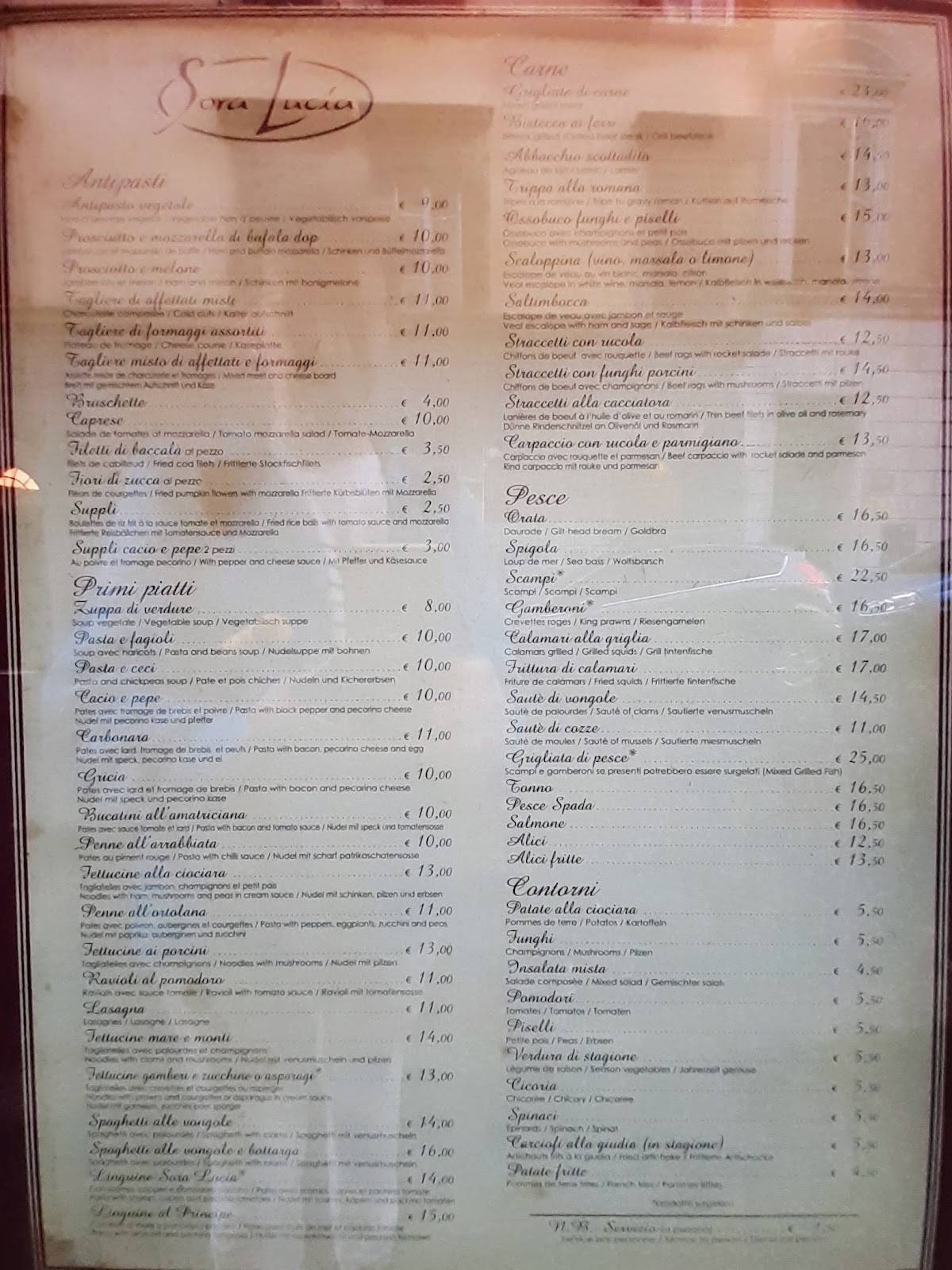 Menu at Sora Lucia restaurant, Rome