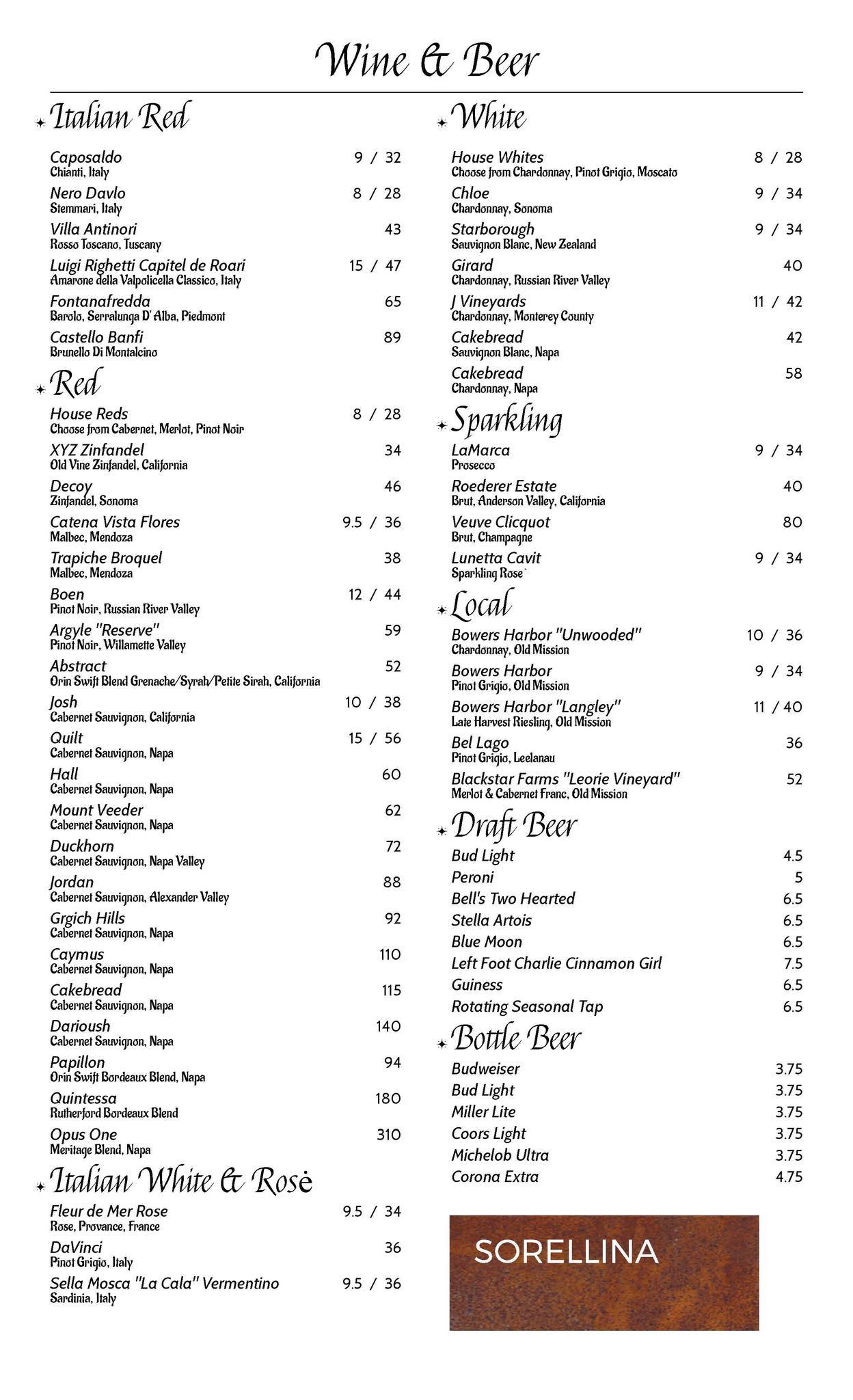 Menu at Sorellina restaurant, Traverse City, 250 E Front St Suite 110