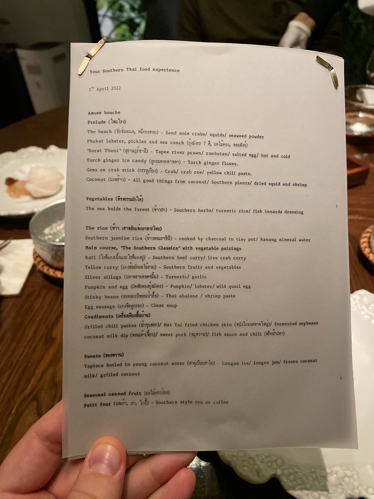 Menu at Sorn restaurant, Bangkok