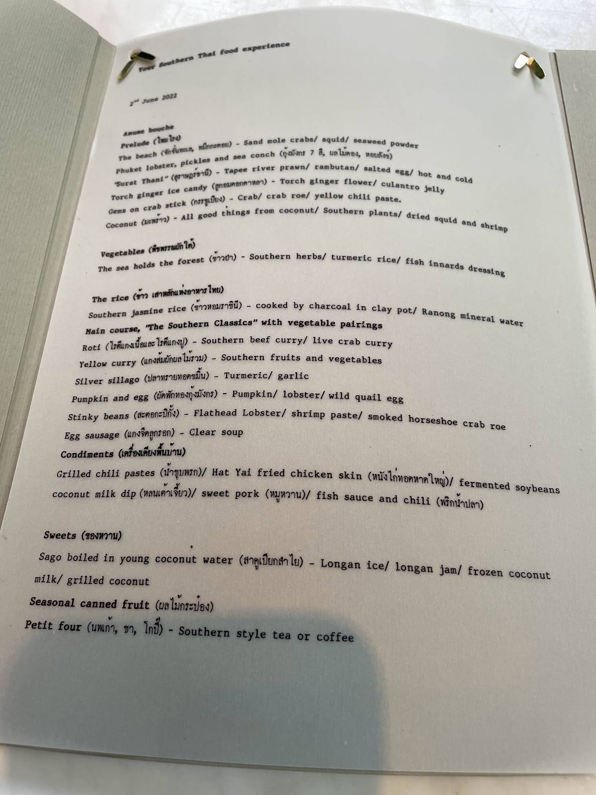 Menu at Sorn restaurant, Bangkok