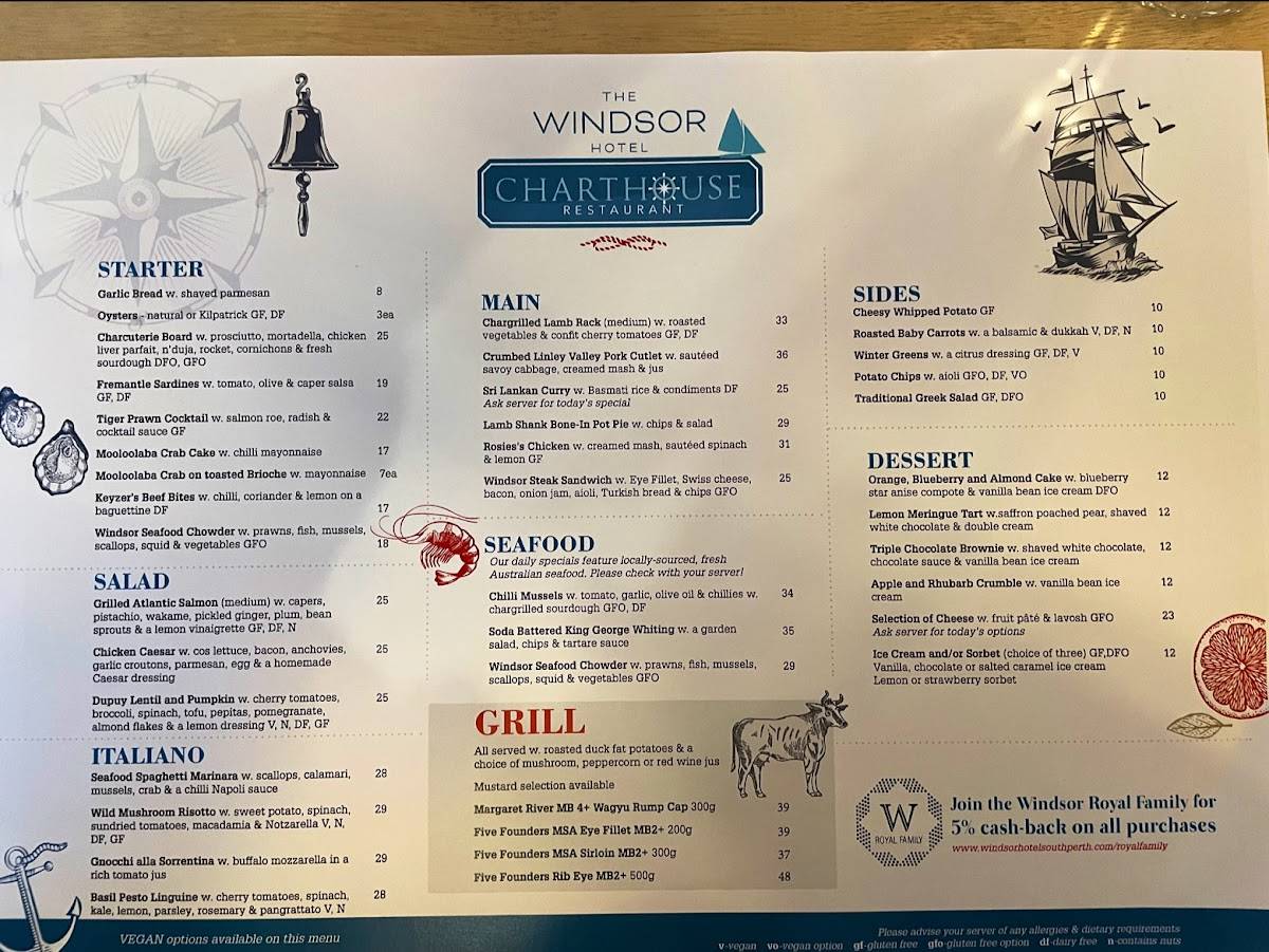 Menu at The Windsor Hotel restaurant, South Perth