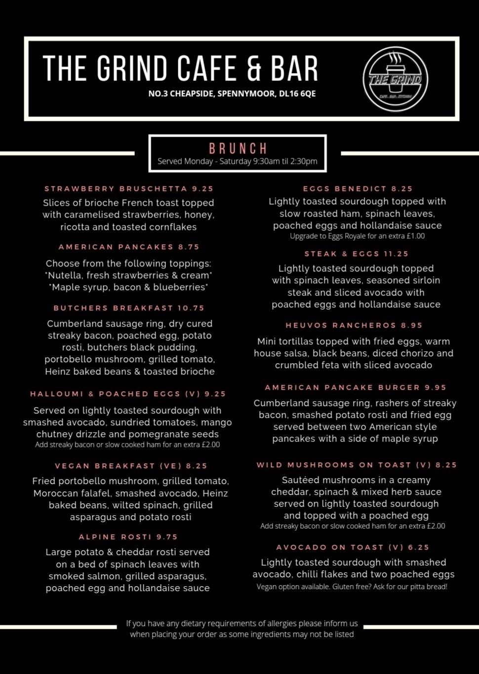 Menu at The Grind cafe, Spennymoor