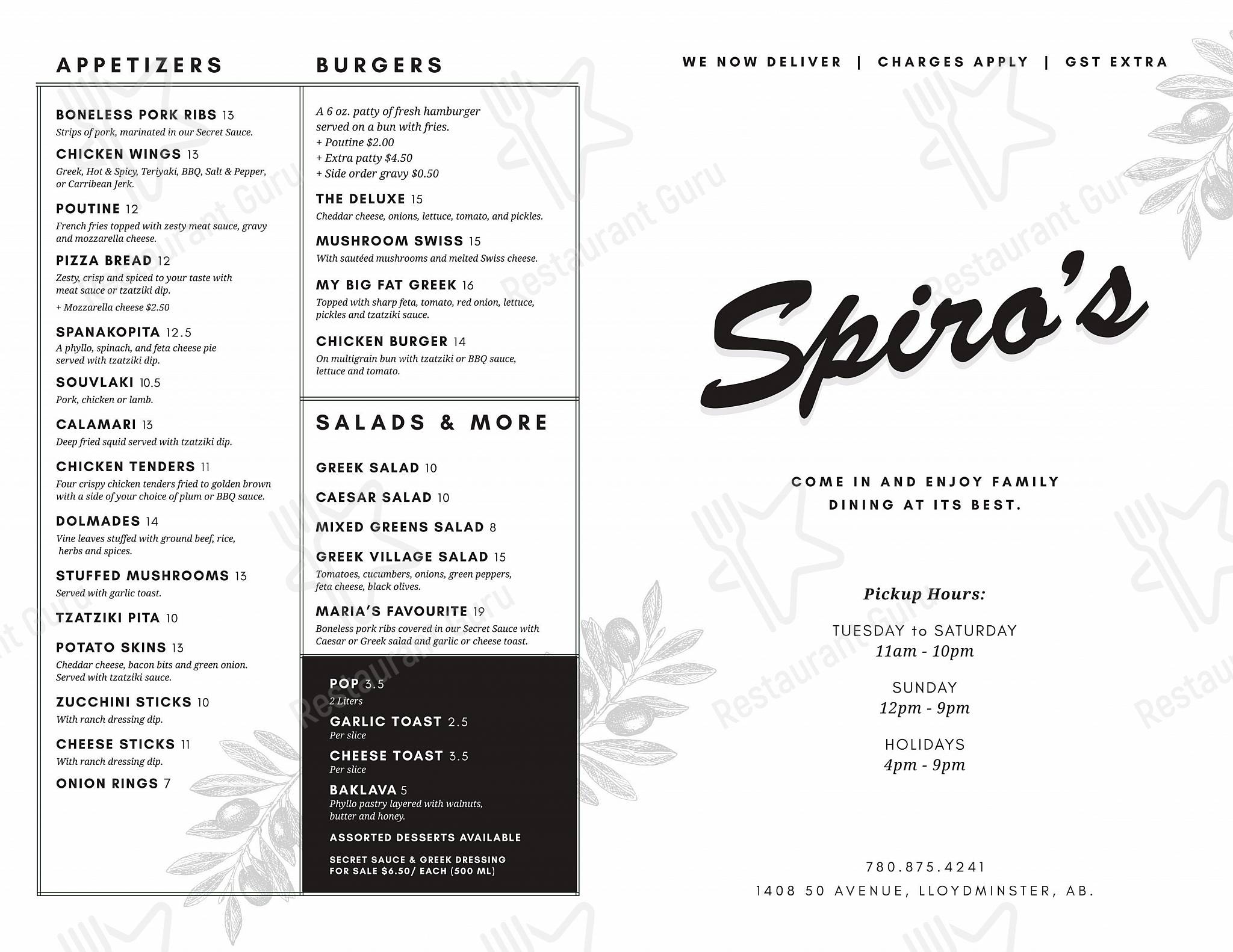 Menu at Spiro's pizzeria, Lloydminster, 50 Ave
