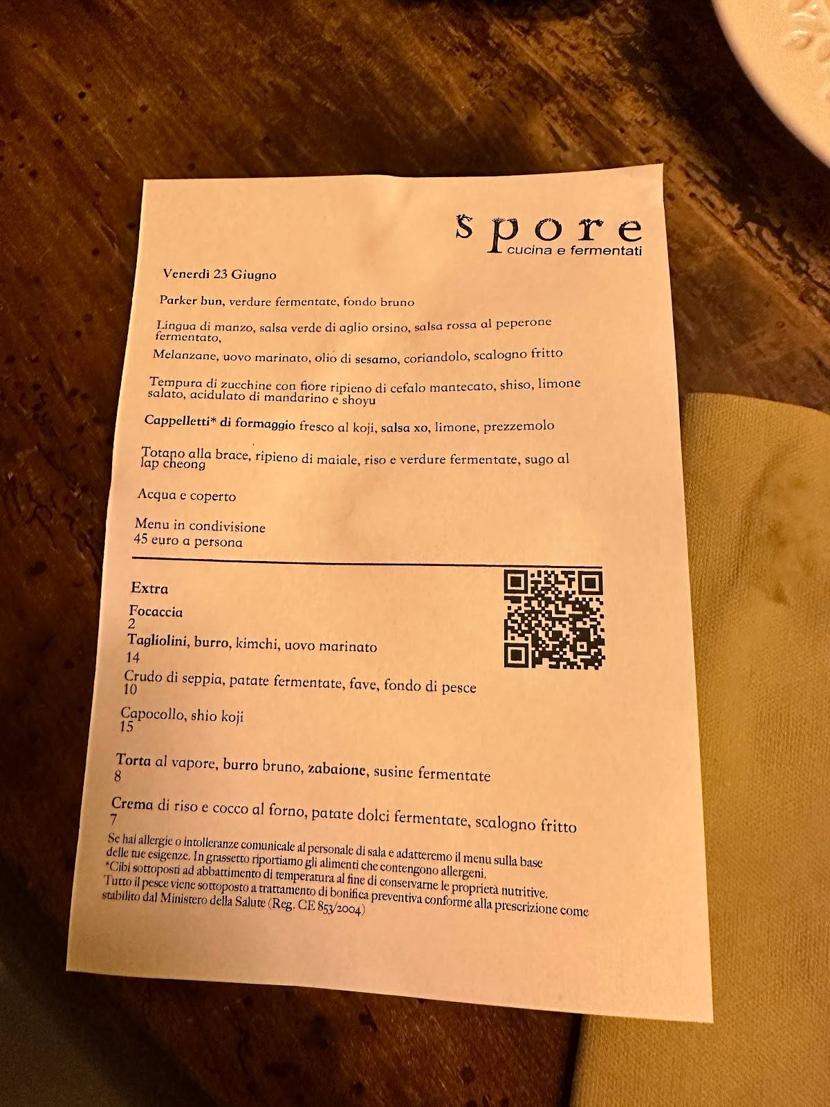 Menu at Spore restaurant, Milan
