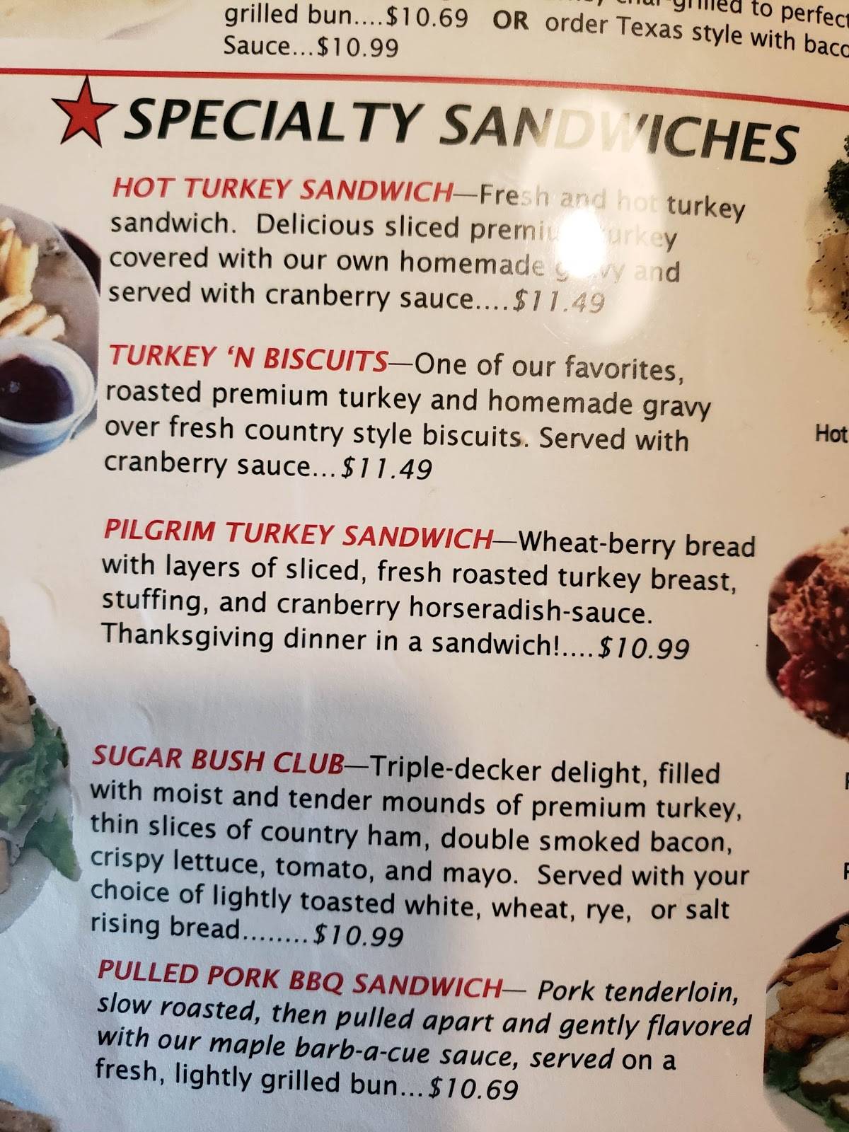 Menu at Sprague's Maple Farms restaurant, Portville