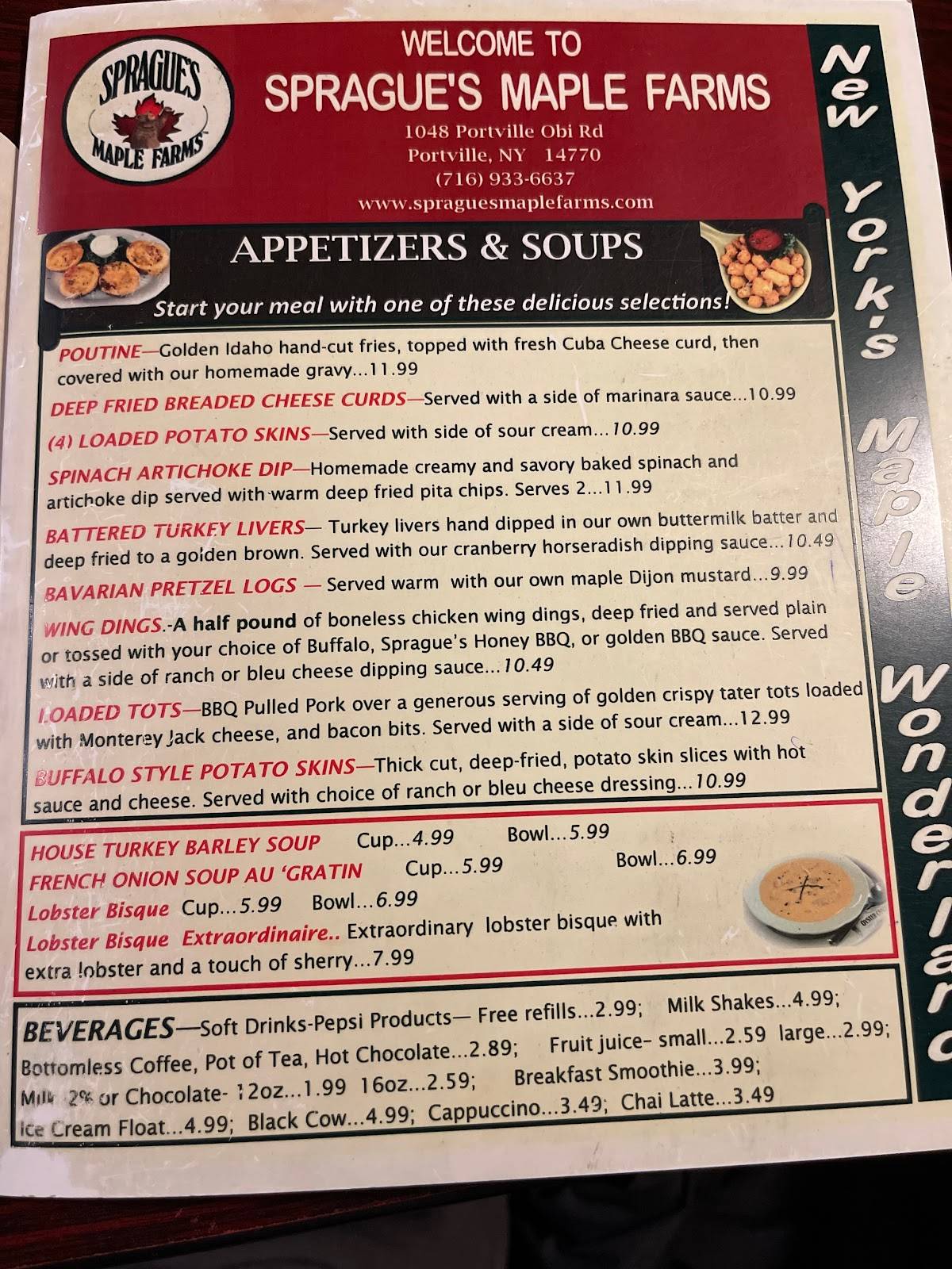 Menu at Sprague's Maple Farms restaurant, Portville