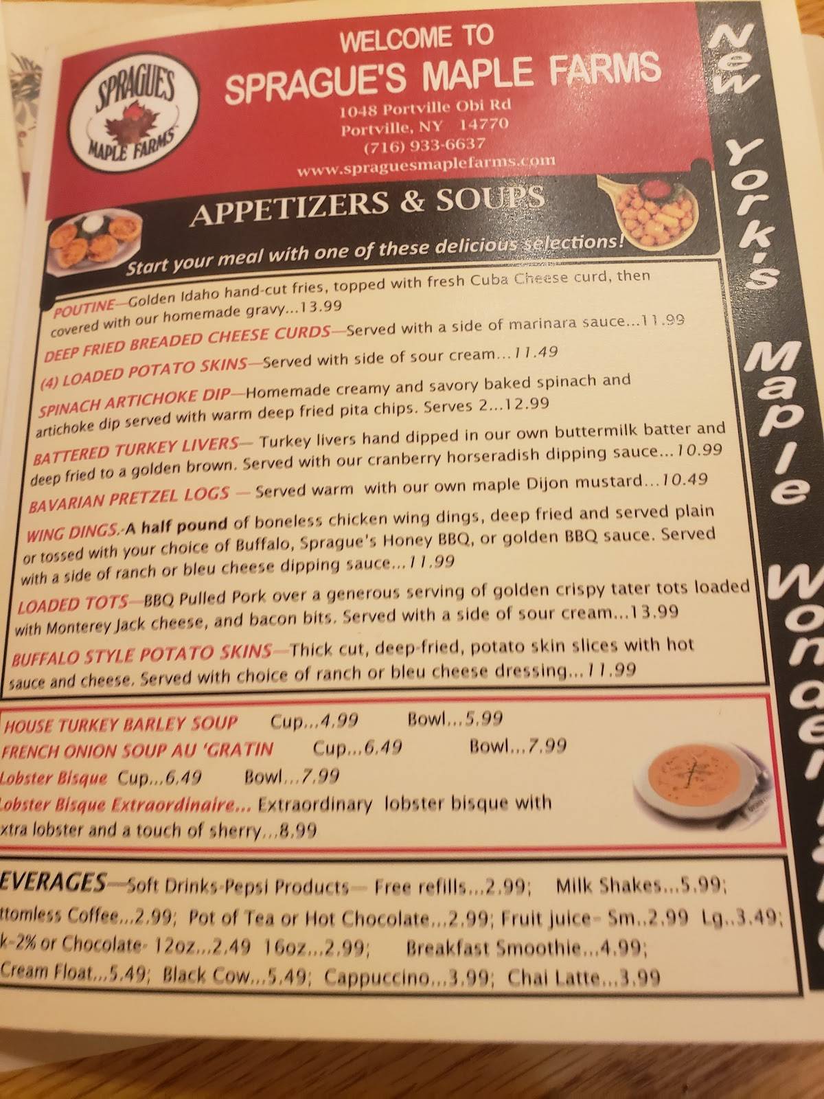 Menu at Sprague's Maple Farms restaurant, Portville
