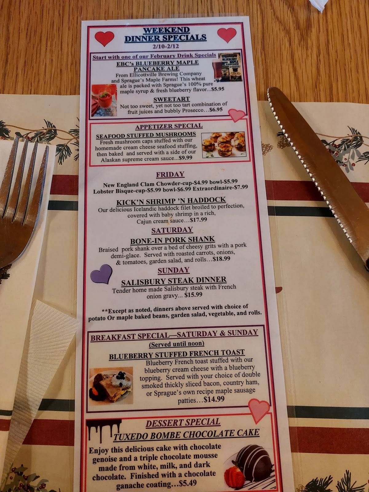 Menu at Sprague's Maple Farms restaurant, Portville