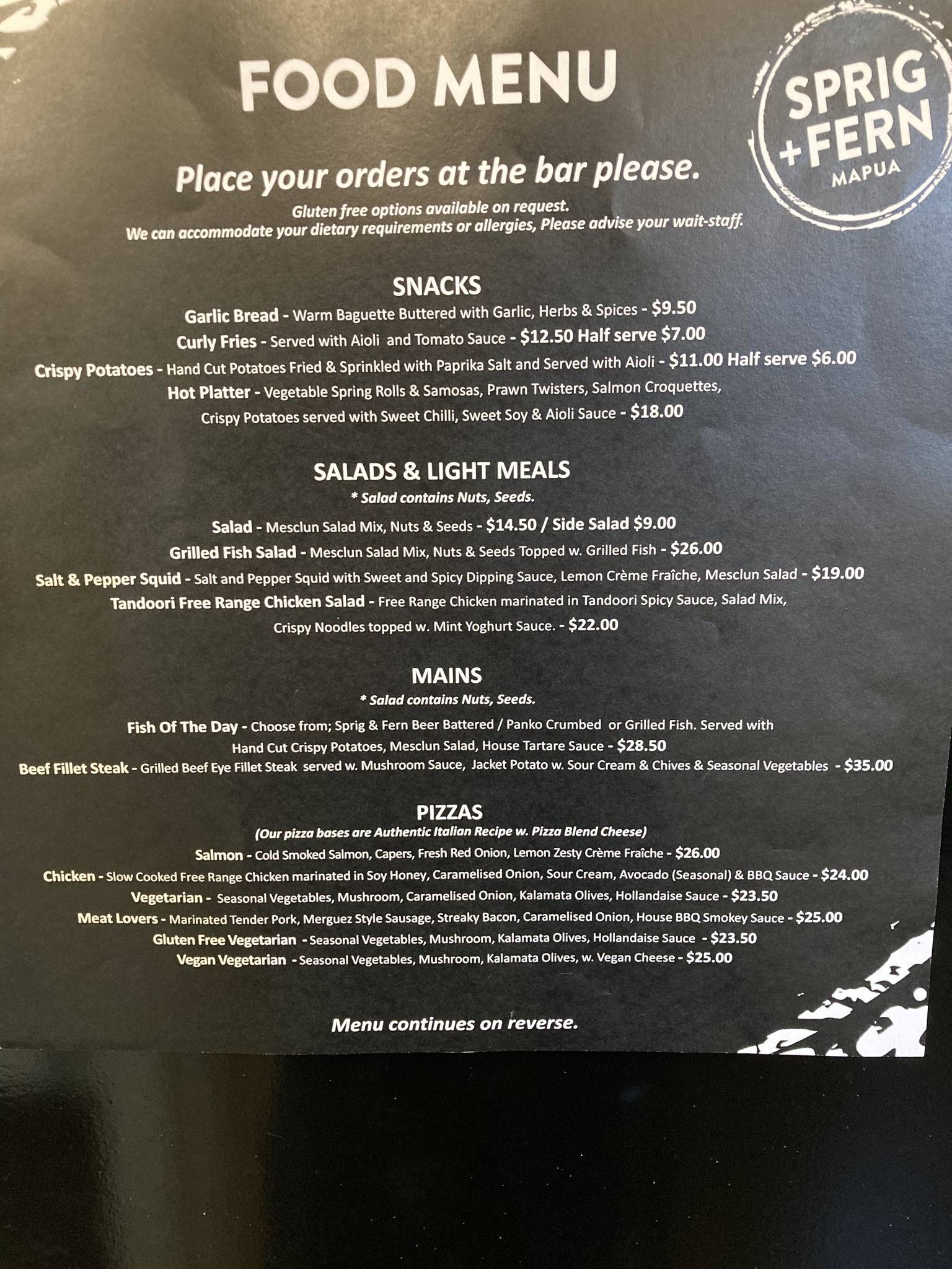 Menu at Sprig + Fern Mapua pub & bar, Mapua, 67 Aranui Rd