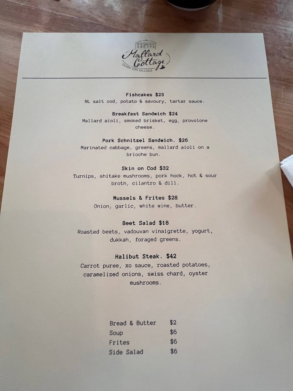 Menu at Mallard Cottage restaurant, St. John's