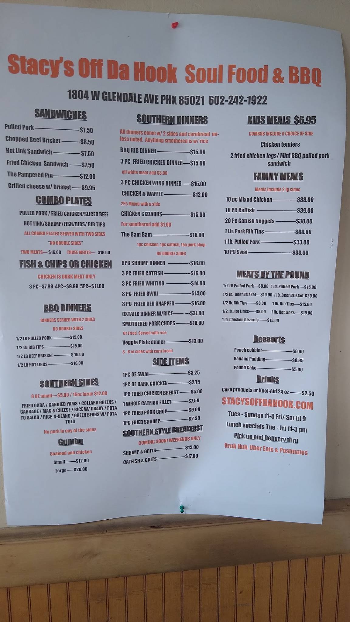 Menu at Stacy's off Da Hook Soulfood & BBQ, Phoenix, W Glendale Ave