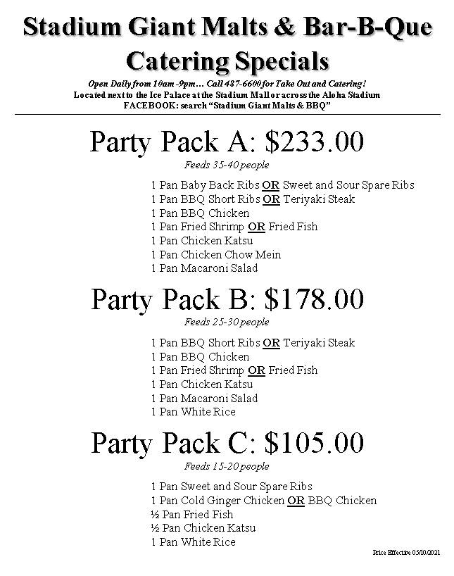 Menu at Stadium Giant Malts & Bar-B-Que, Honolulu
