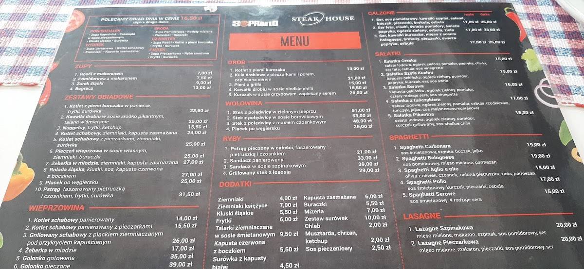 Menu at Steak House Soprano pizzeria, Radlin