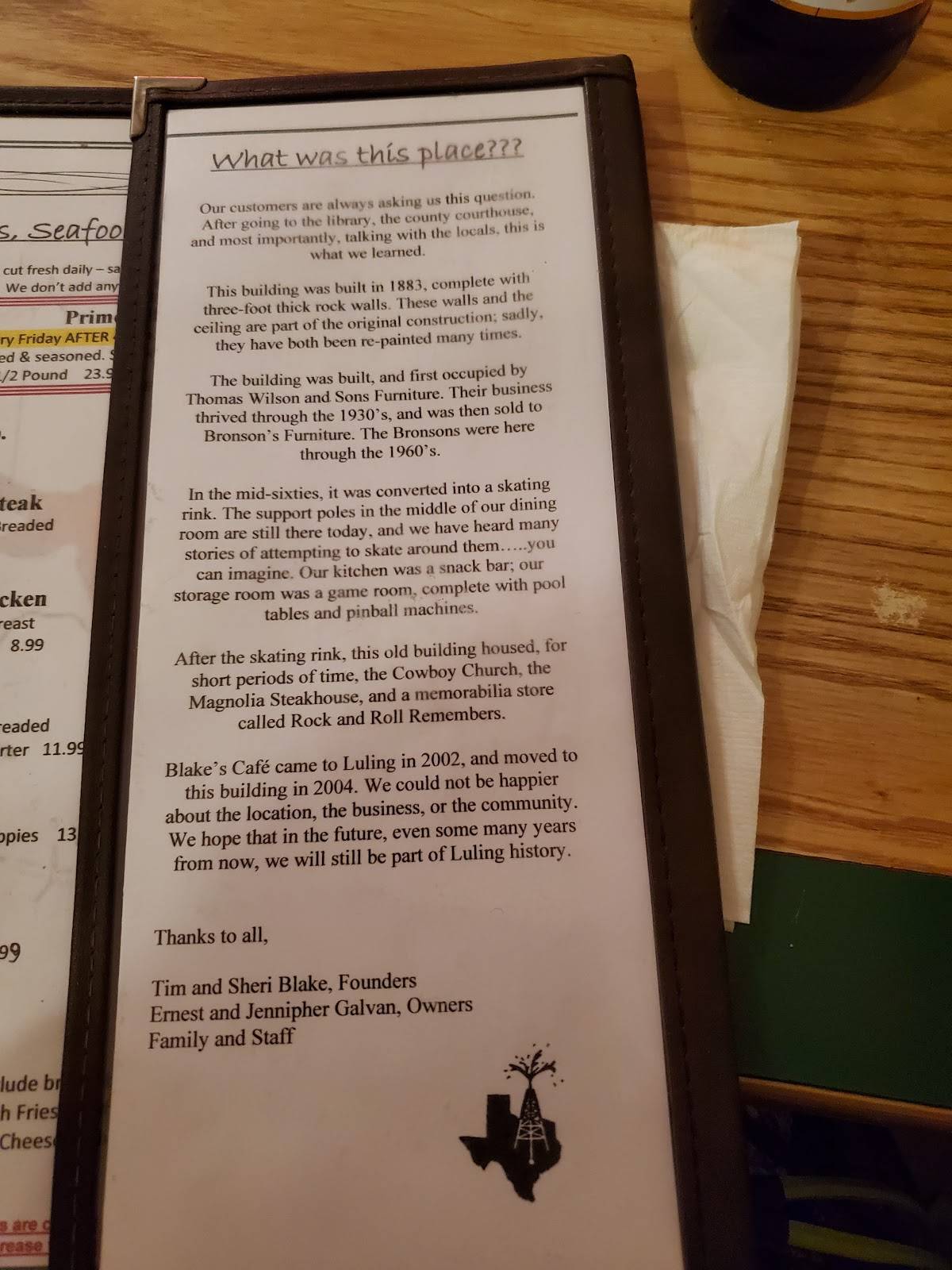 Menu at Blake's steakhouse, Luling