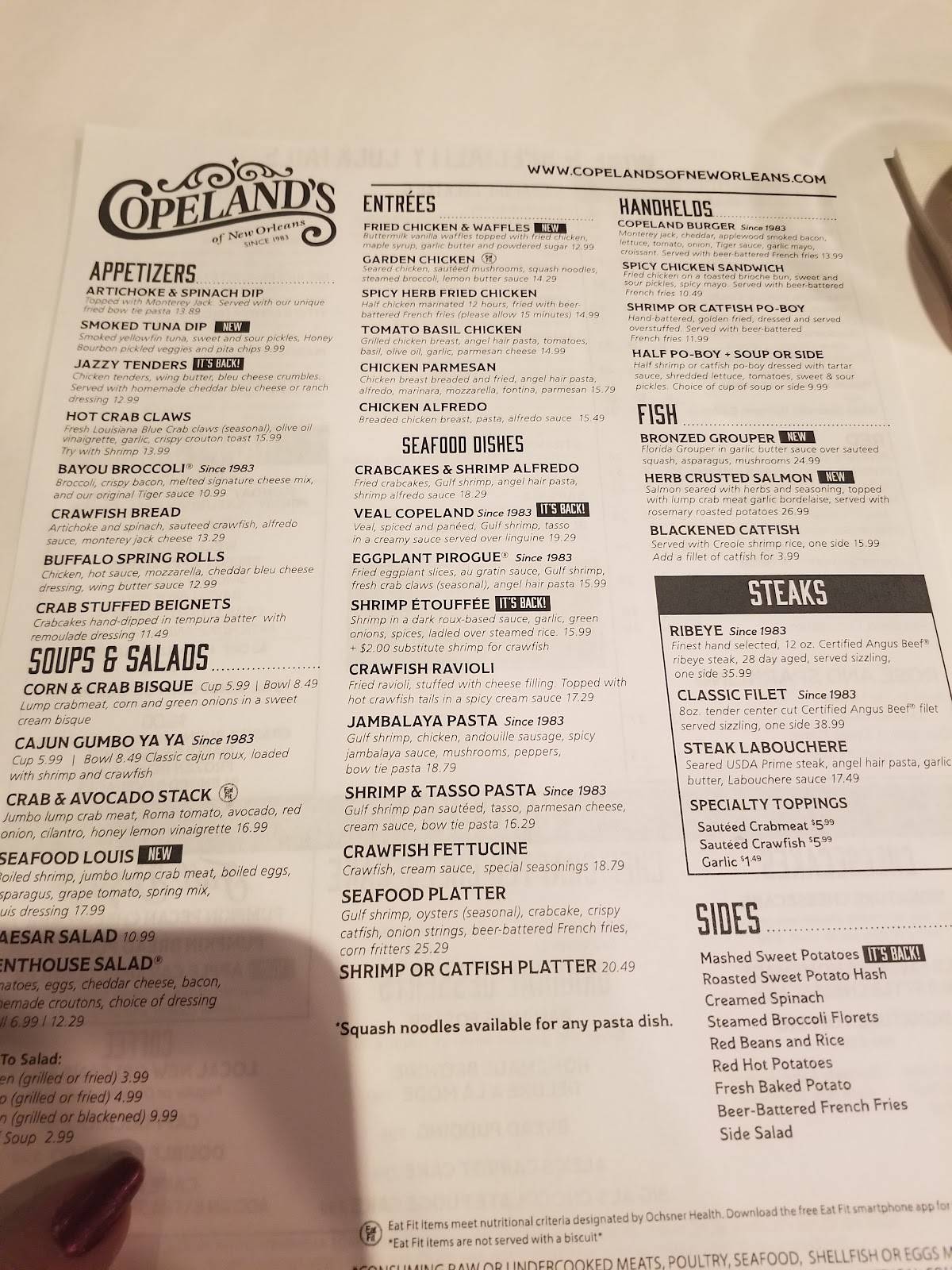 Menu at Copeland's of New Orleans steakhouse, Covington