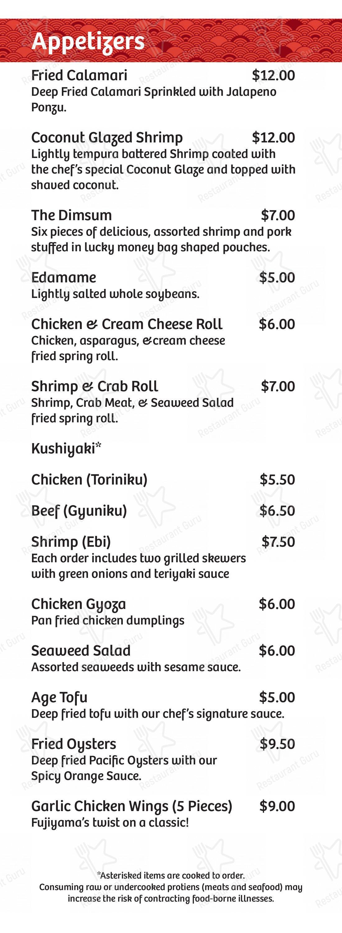 Menu at Fujiyama steakhouse, Liberty Lake