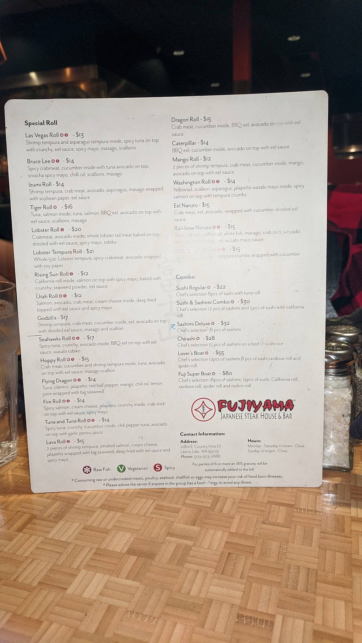 Menu at Fujiyama steakhouse, Liberty Lake