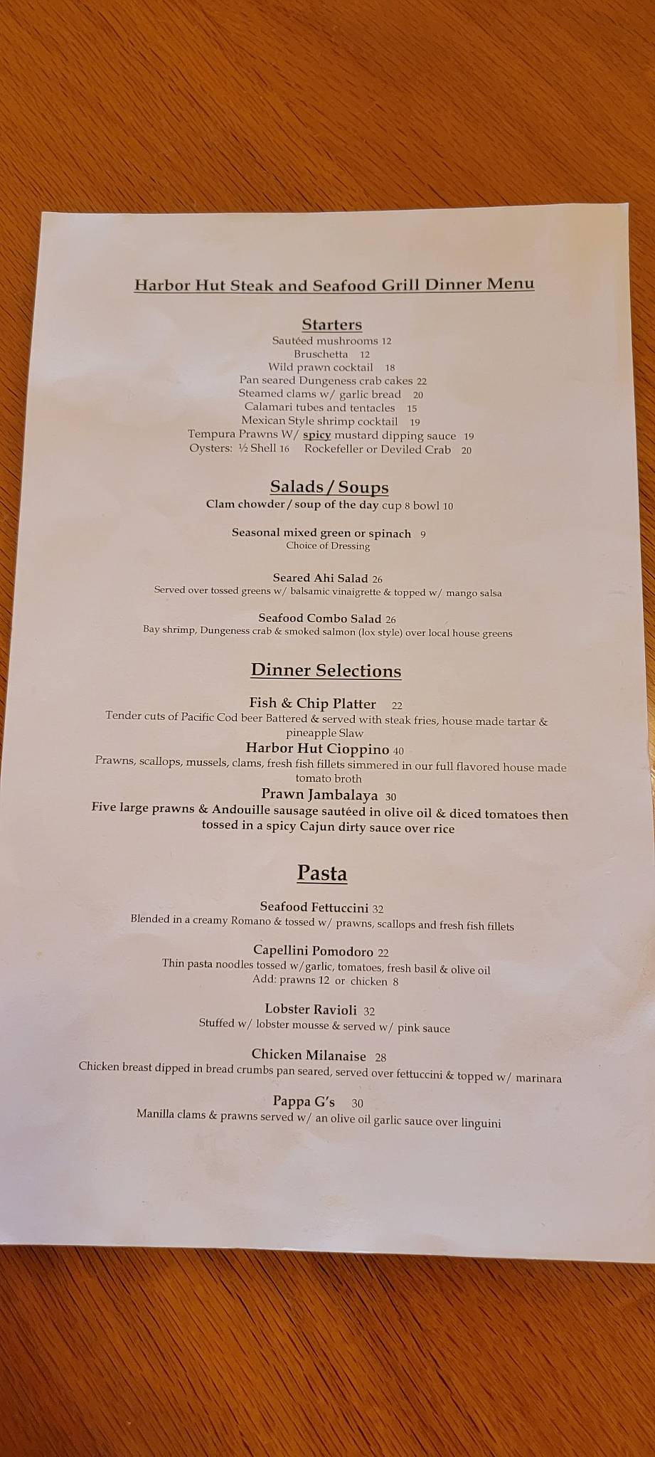 Menu at Harbor Hut steakhouse, Morro Bay