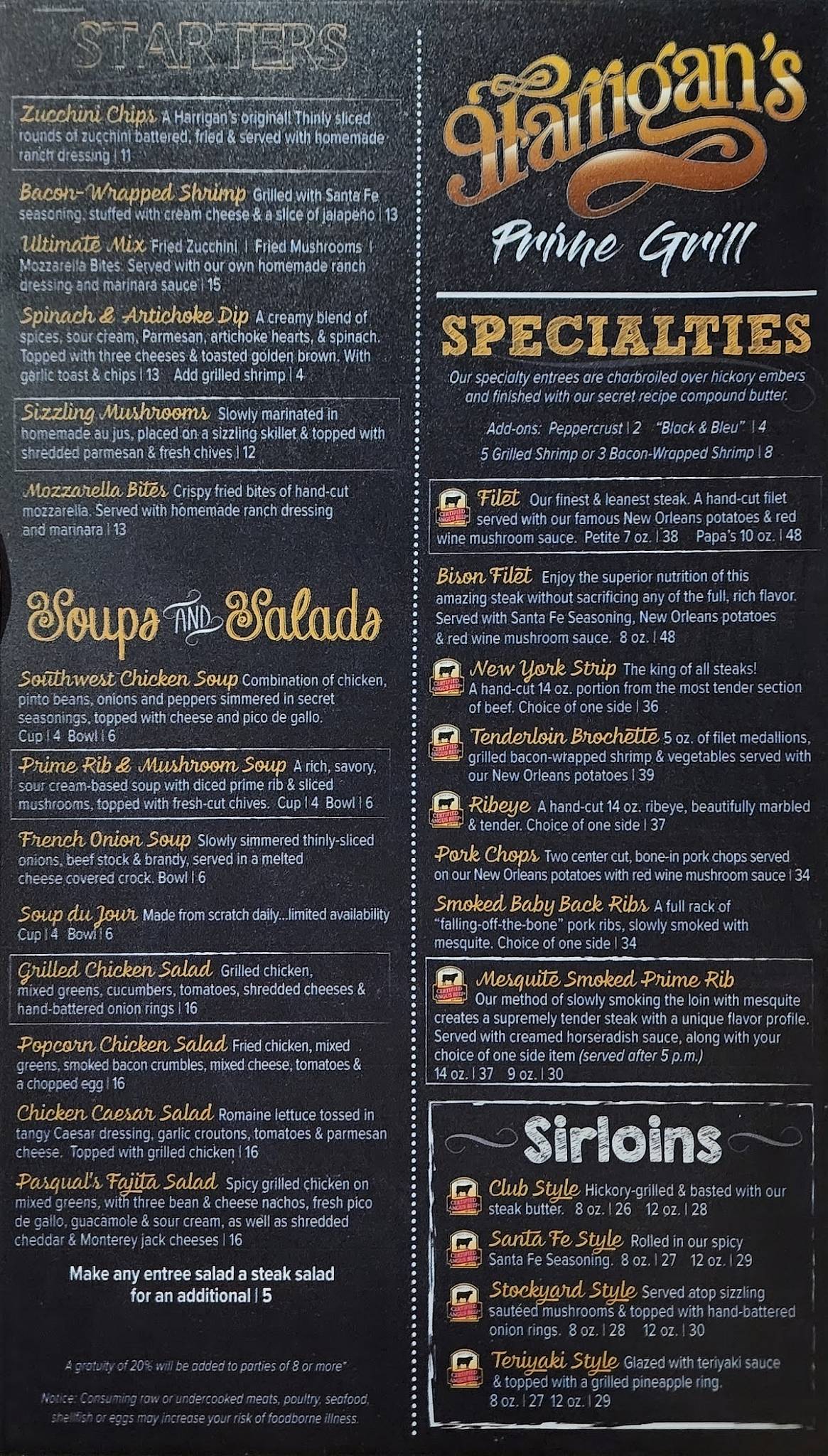 Menu at Harrigan's Prime Grill steakhouse, Lubbock, Indiana Ave #3