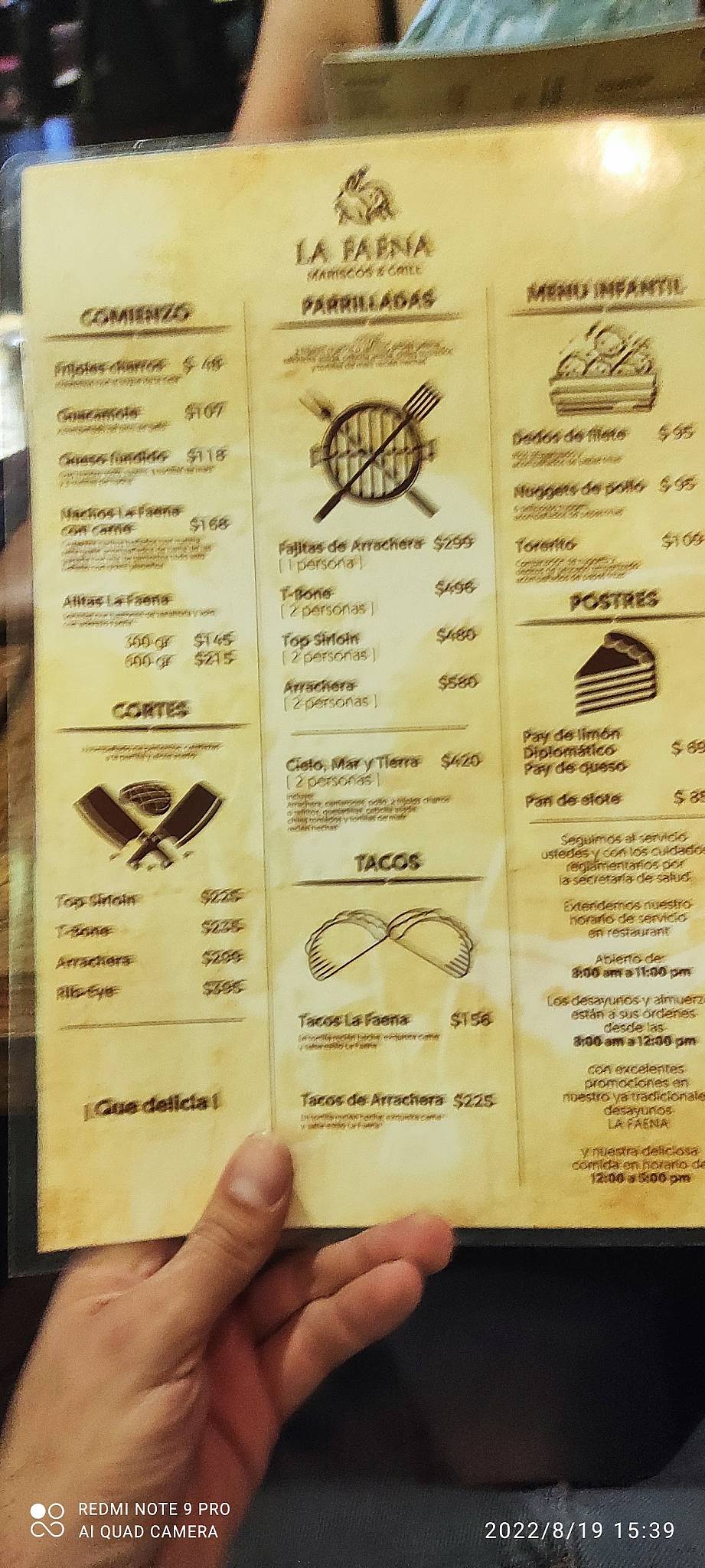 Carta de parrilla LA FAENA, Guadalupe, Av. Pablo Livas 3020