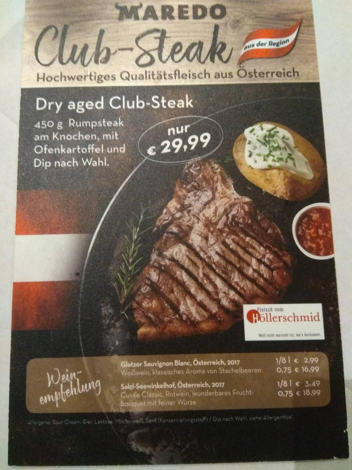 Menu at MAREDO Wien steakhouse, Vienna