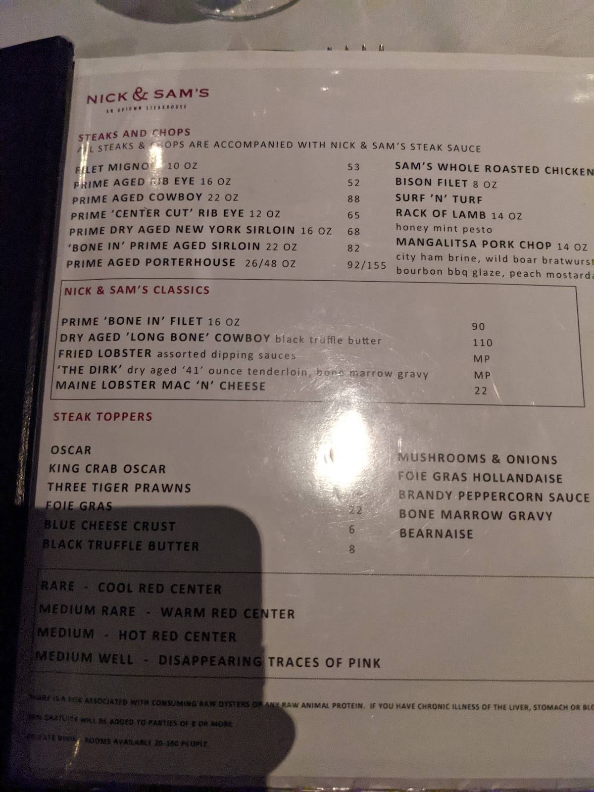 Menu at Nick & Sam's steakhouse, Dallas, Maple Ave