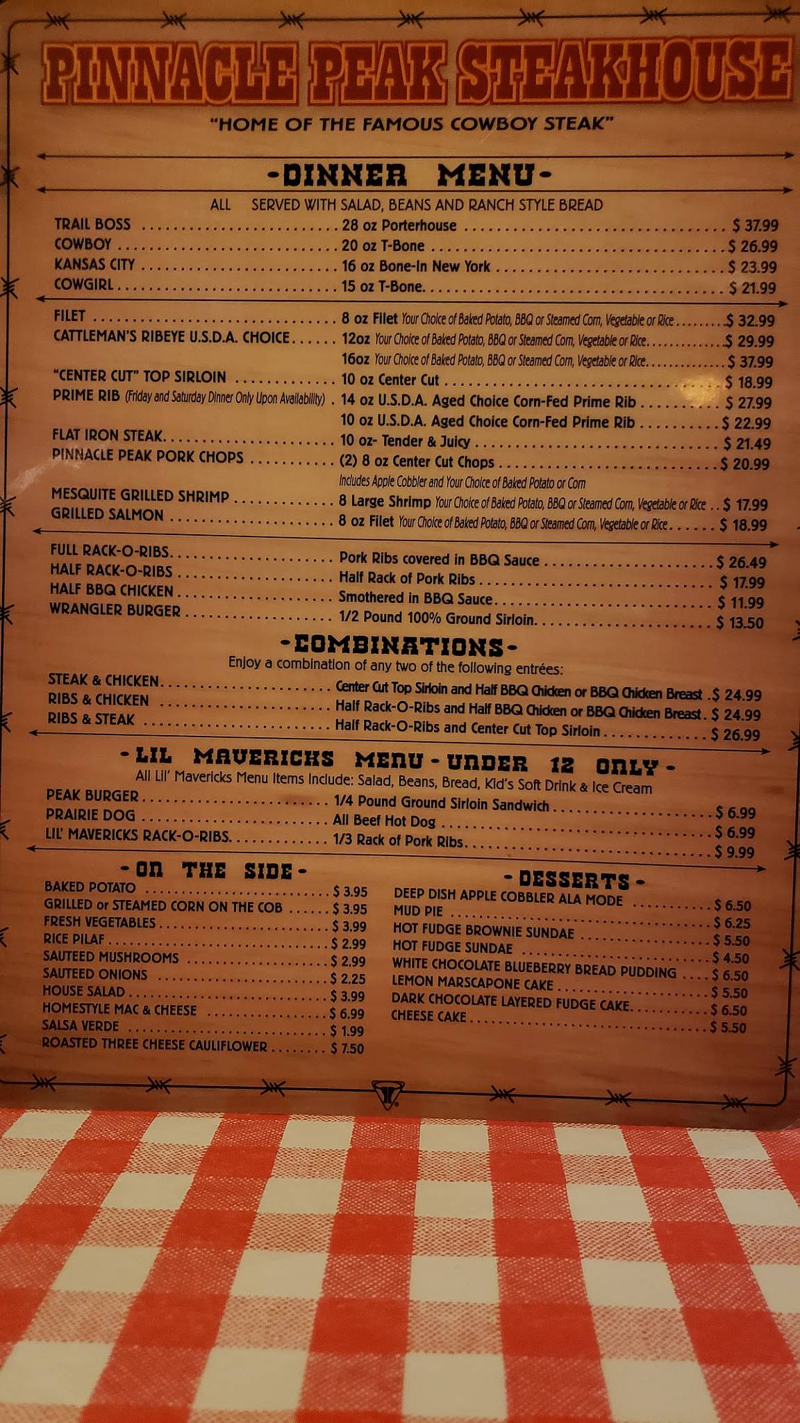 Menu at Pinnacle Peak Steakhouse, San Dimas
