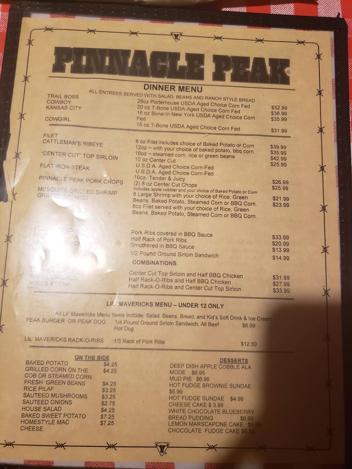 Menu at Pinnacle Peak Steakhouse, San Dimas