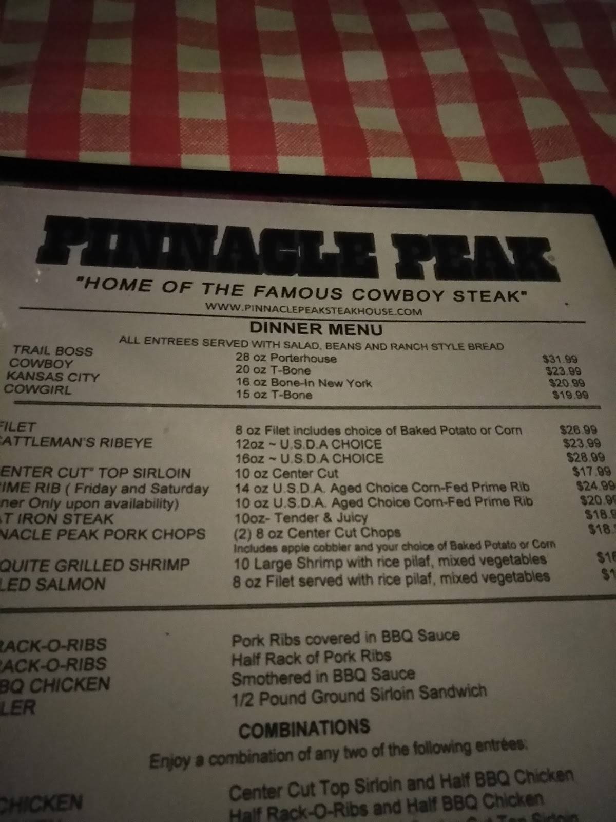 Menu at Pinnacle Peak Steakhouse, San Dimas