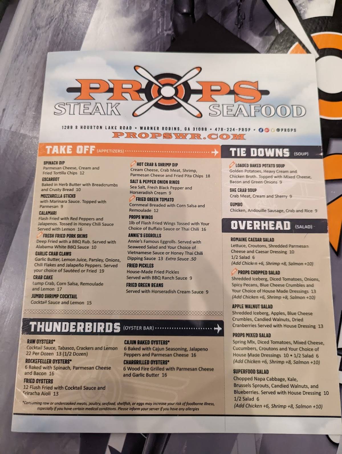 Menu at Props Steak and Seafood Restaurant, Warner Robins