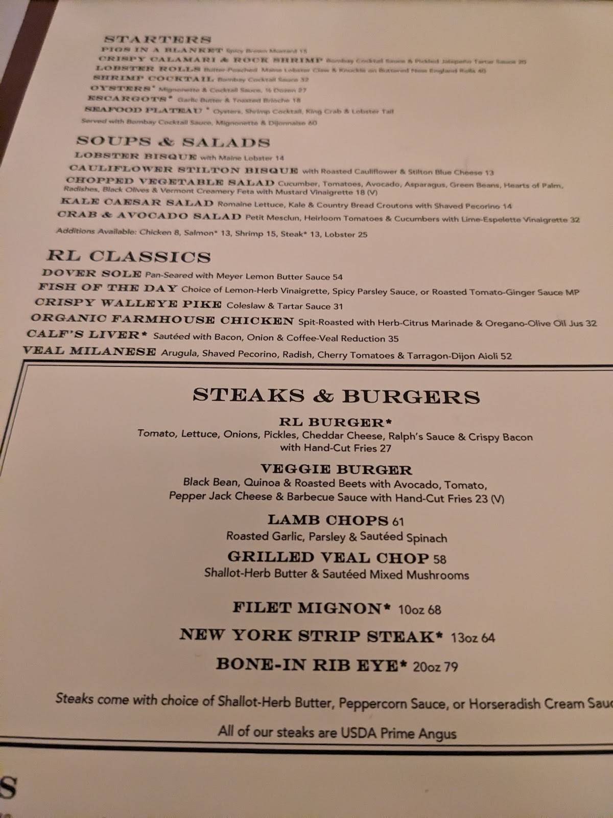 Menu at RL Restaurant, Chicago, 115 E Chicago Ave