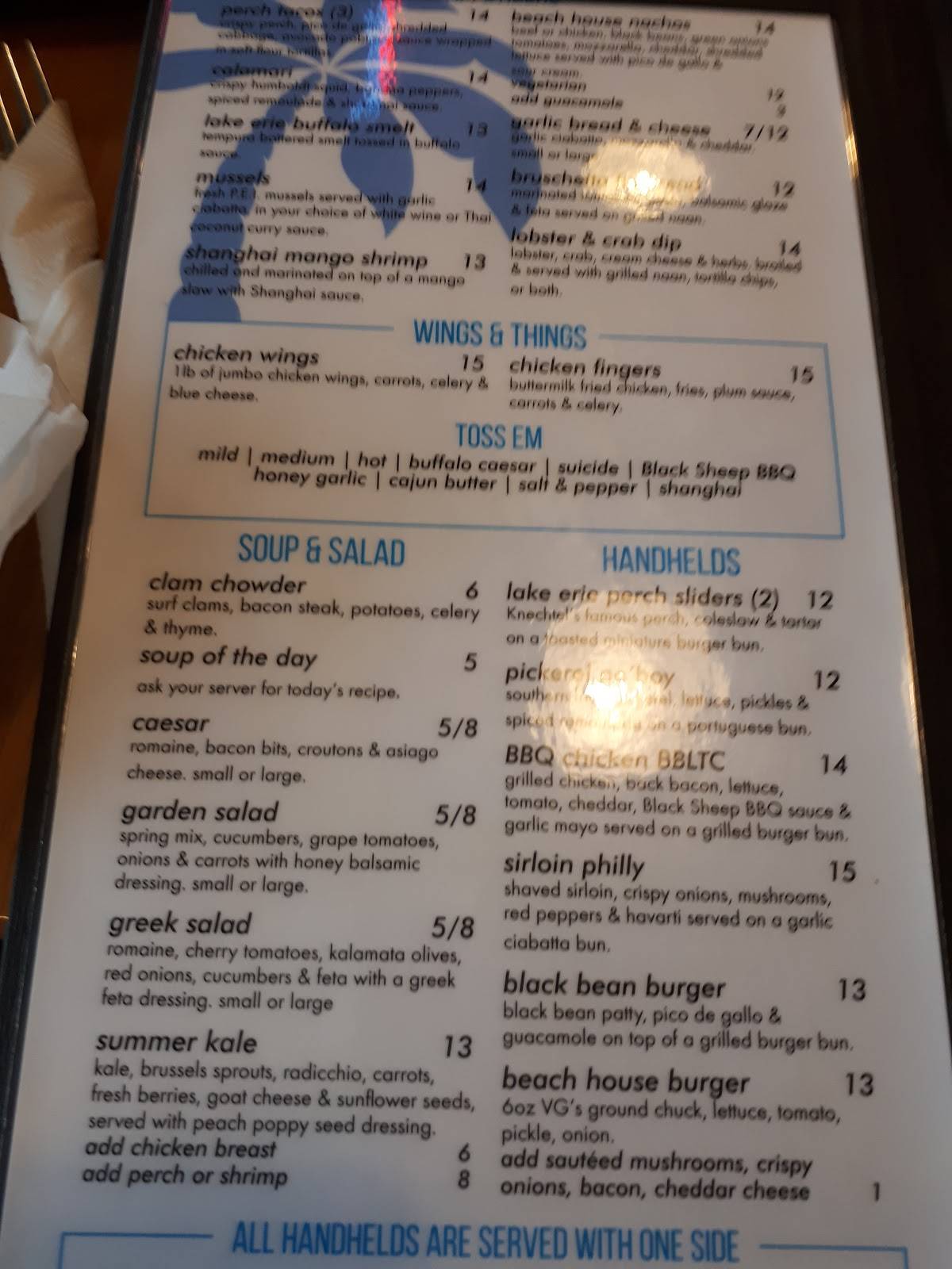 Menu at The Beach House steakhouse, Port Dover
