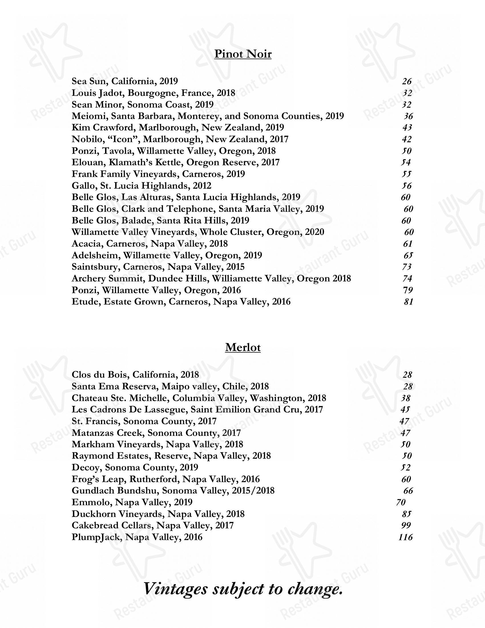 Menu at The Parson's Table steakhouse, Little River