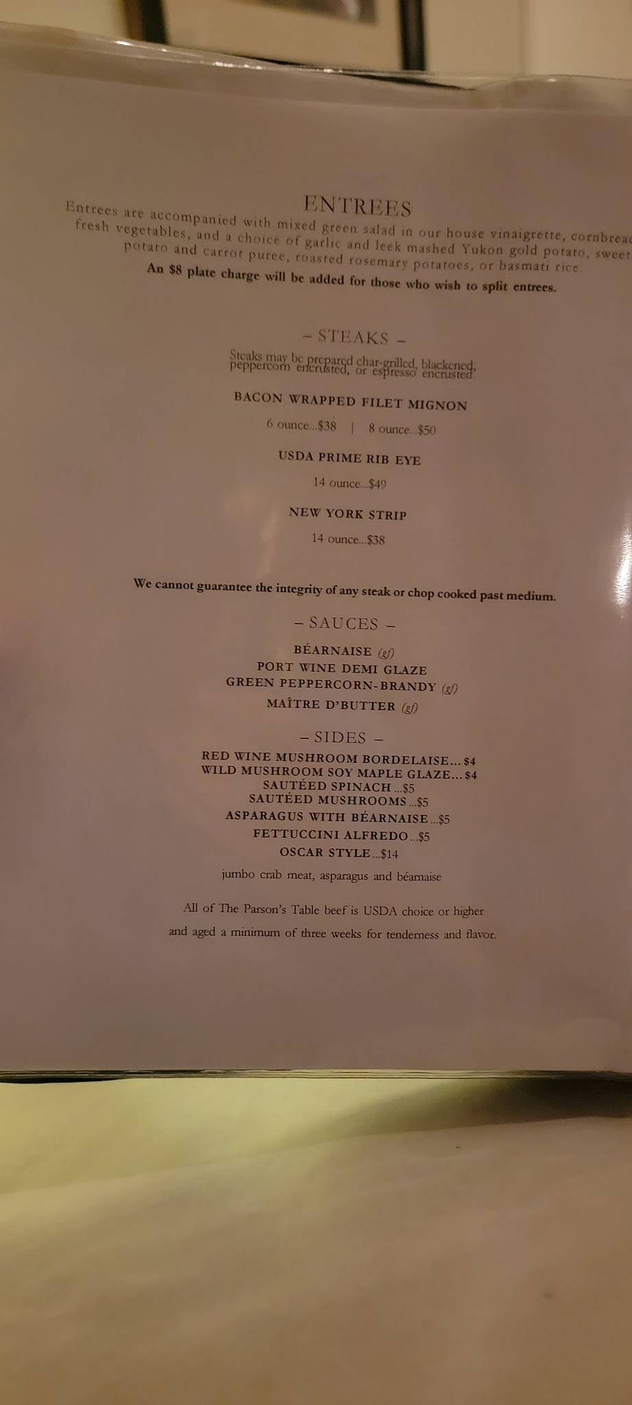 Menu at The Parson's Table steakhouse, Little River