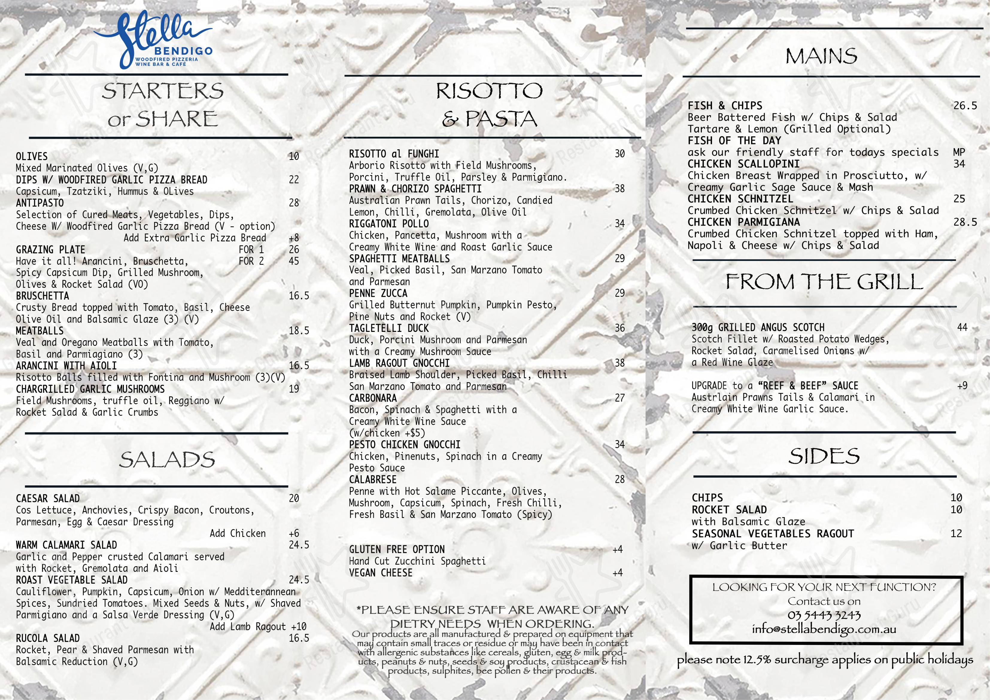 Menu at Stella Bendigo restaurant, Bendigo