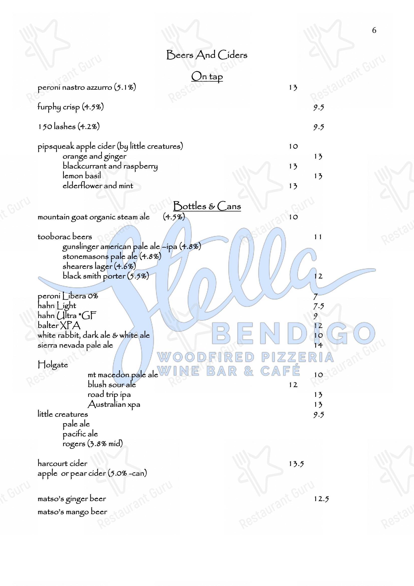 Menu at Stella Bendigo restaurant, Bendigo
