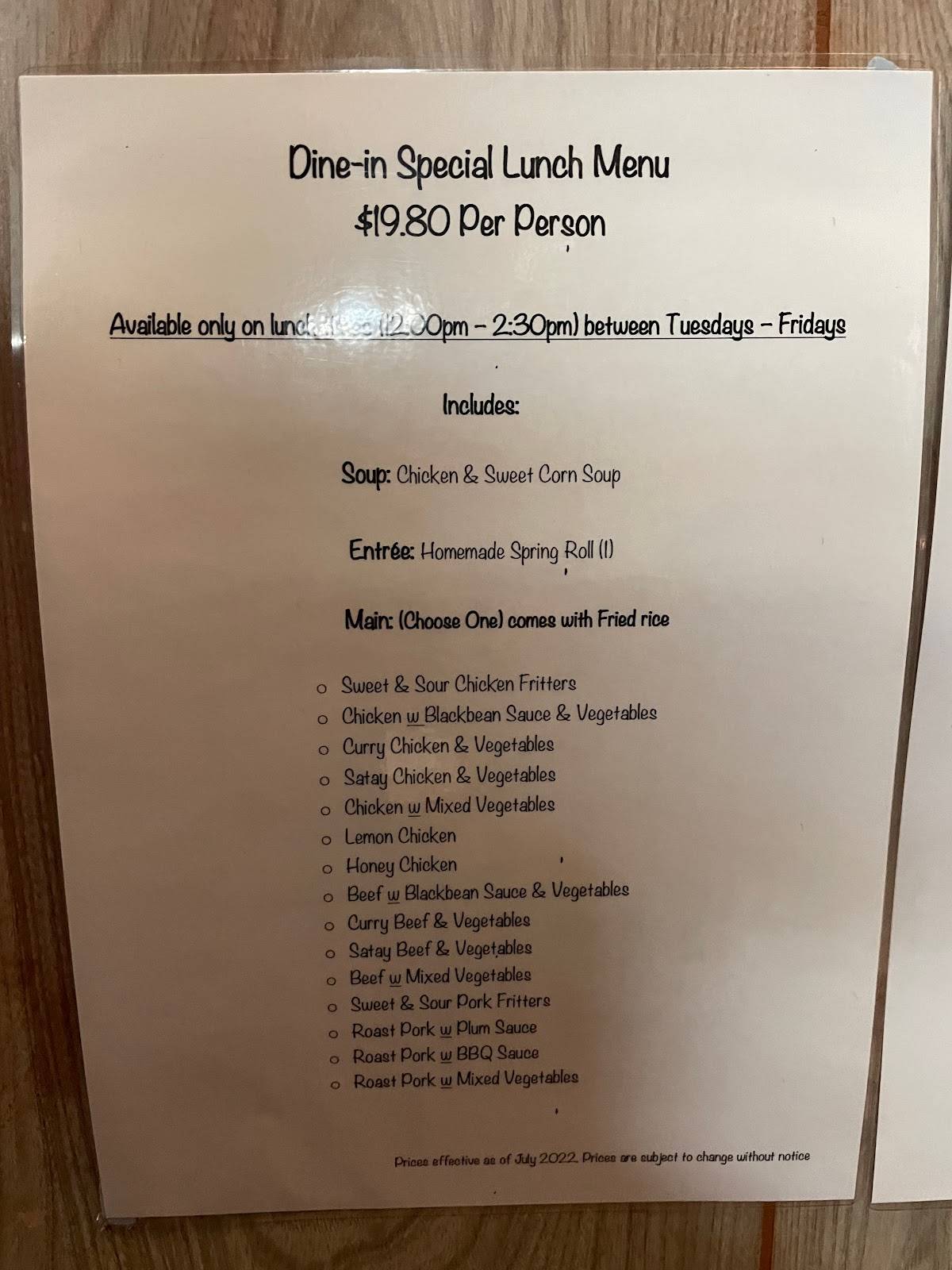 Menu at Sun & Mei Chinese and Thai Restaurant, Mornington