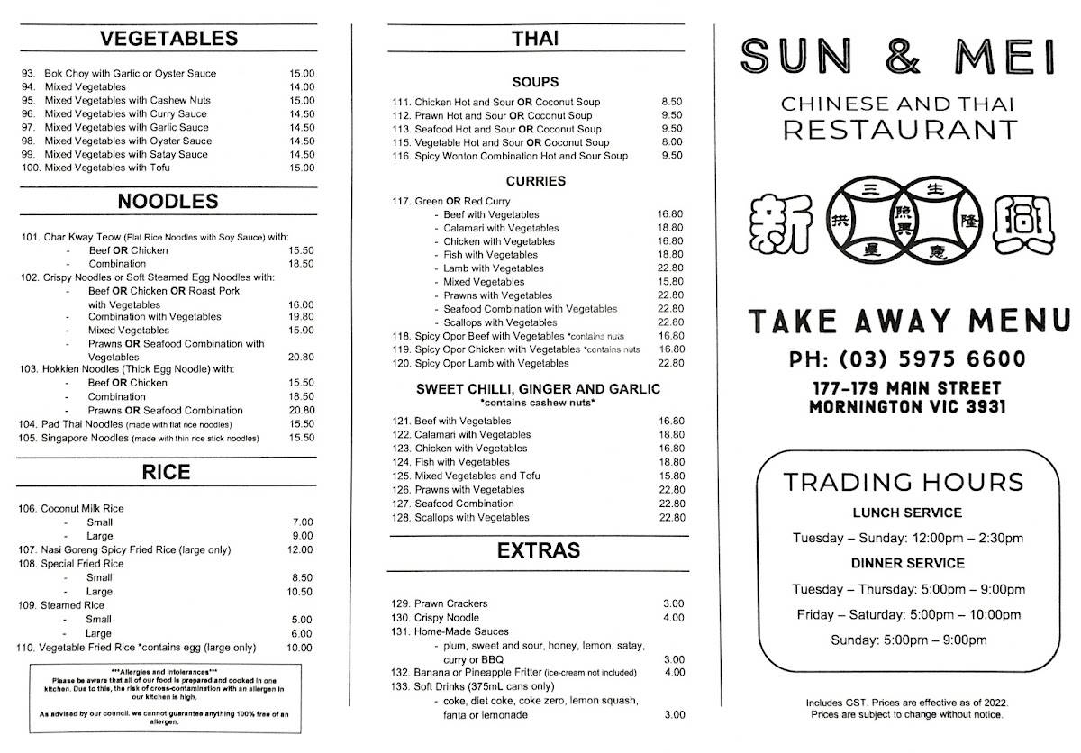 Menu at Sun & Mei Chinese and Thai Restaurant, Mornington