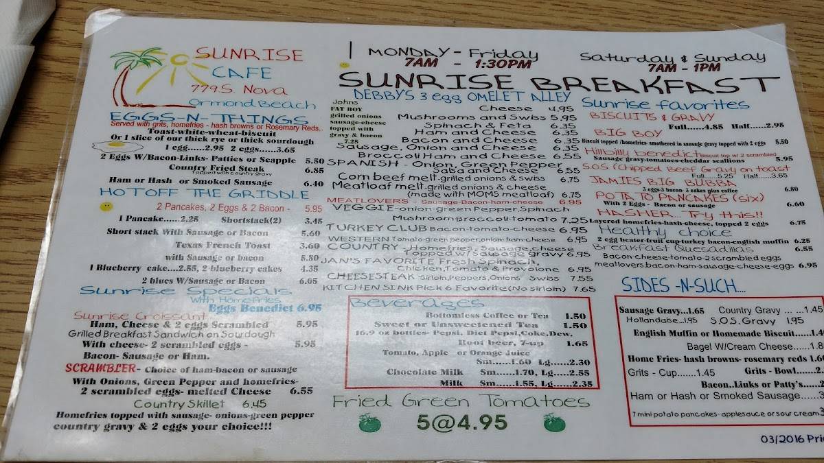 Menu at Sunrise Cafe, Ormond Beach
