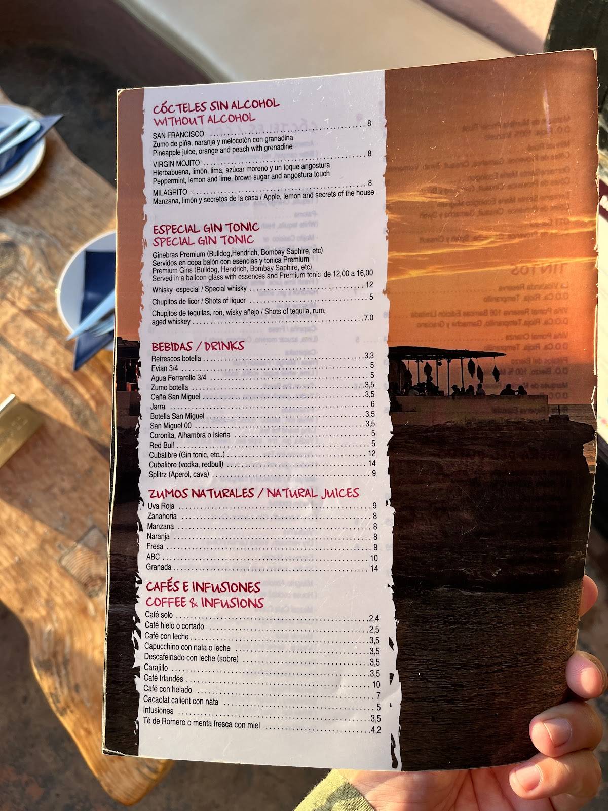 Menu at Sunset Ashram restaurant, Spain, Carretera de Cala Conta