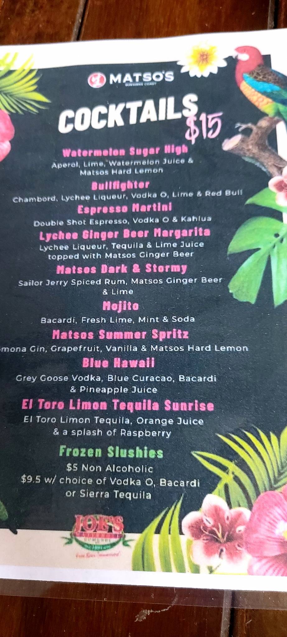 Menu at Matso's Sunshine Coast Brewery restaurant, Eumundi