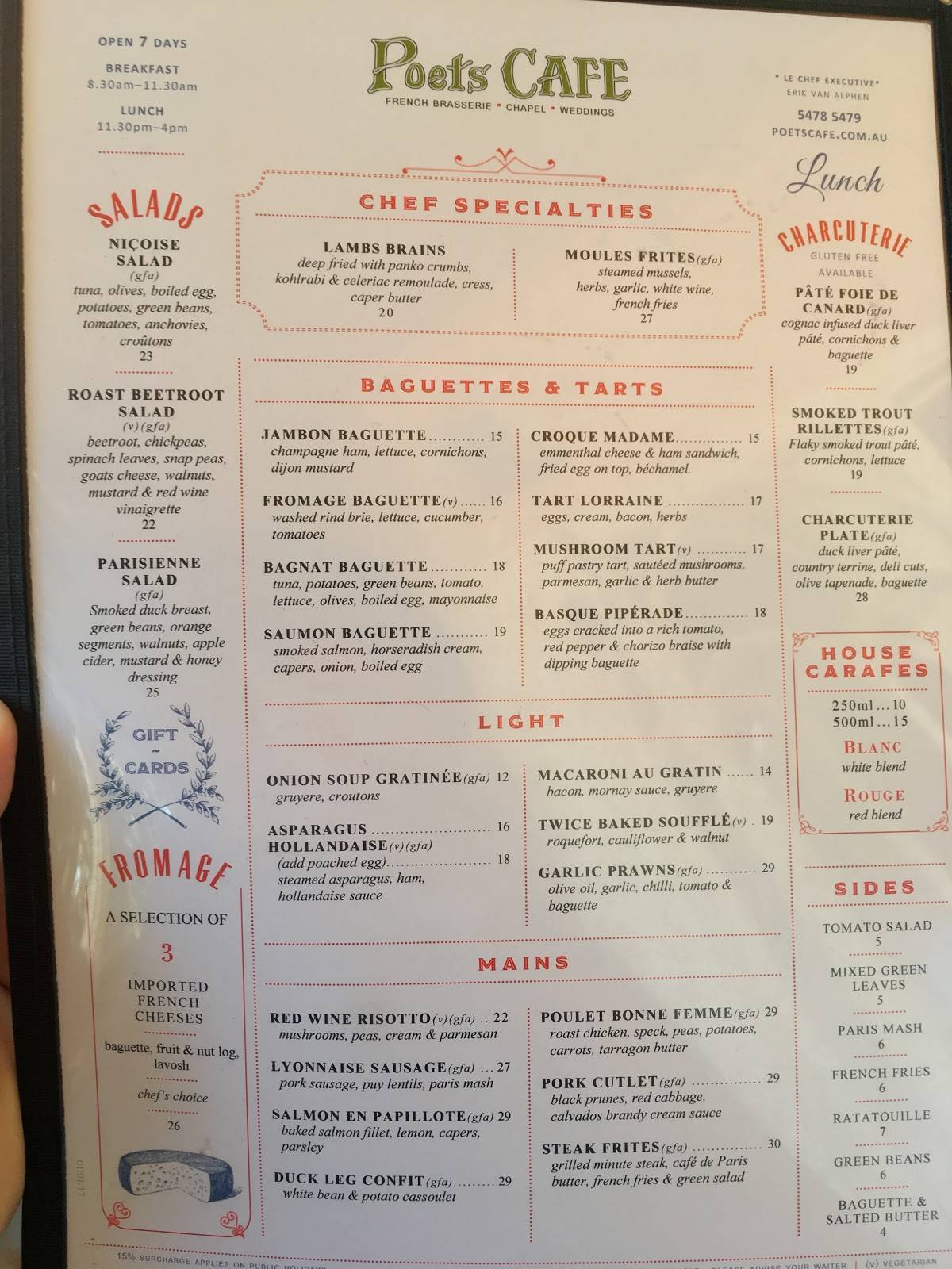 Menu at Poets Cafe, Montville