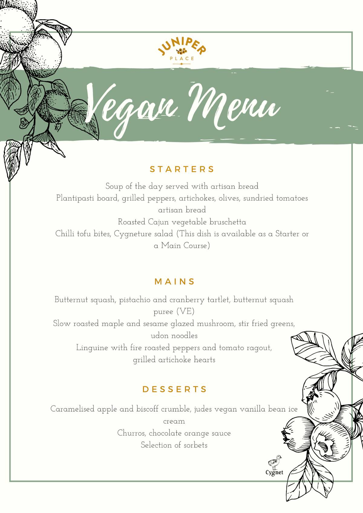 Menu at Juniper Place Swansea restaurant, Swansea